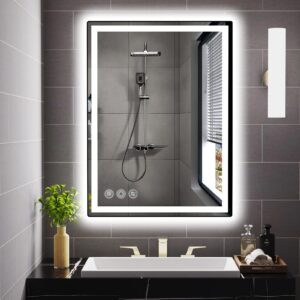 led bathroom mirror 24"x 32" with stepless dimmable wall mirrors with anti-fog, dimmable cri>90, vanity mirror with 3 color modes, shatter-proof, memory bathroom mirror with led lights