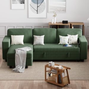 Furmax 80″ Sleeper Sofa Couch with Pull Out Bed L Shaped Sleeper Sofa with Storage Chaise, USB Charging Ports & 2 Built-in Bookshelves 3-Seat Sectional couches for Living Room (Corduroy, Green)