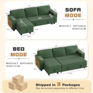 Furmax 80″ Sleeper Sofa Couch with Pull Out Bed L Shaped Sleeper Sofa with Storage Chaise, USB Charging Ports & 2 Built-in Bookshelves 3-Seat Sectional couches for Living Room (Corduroy, Green)