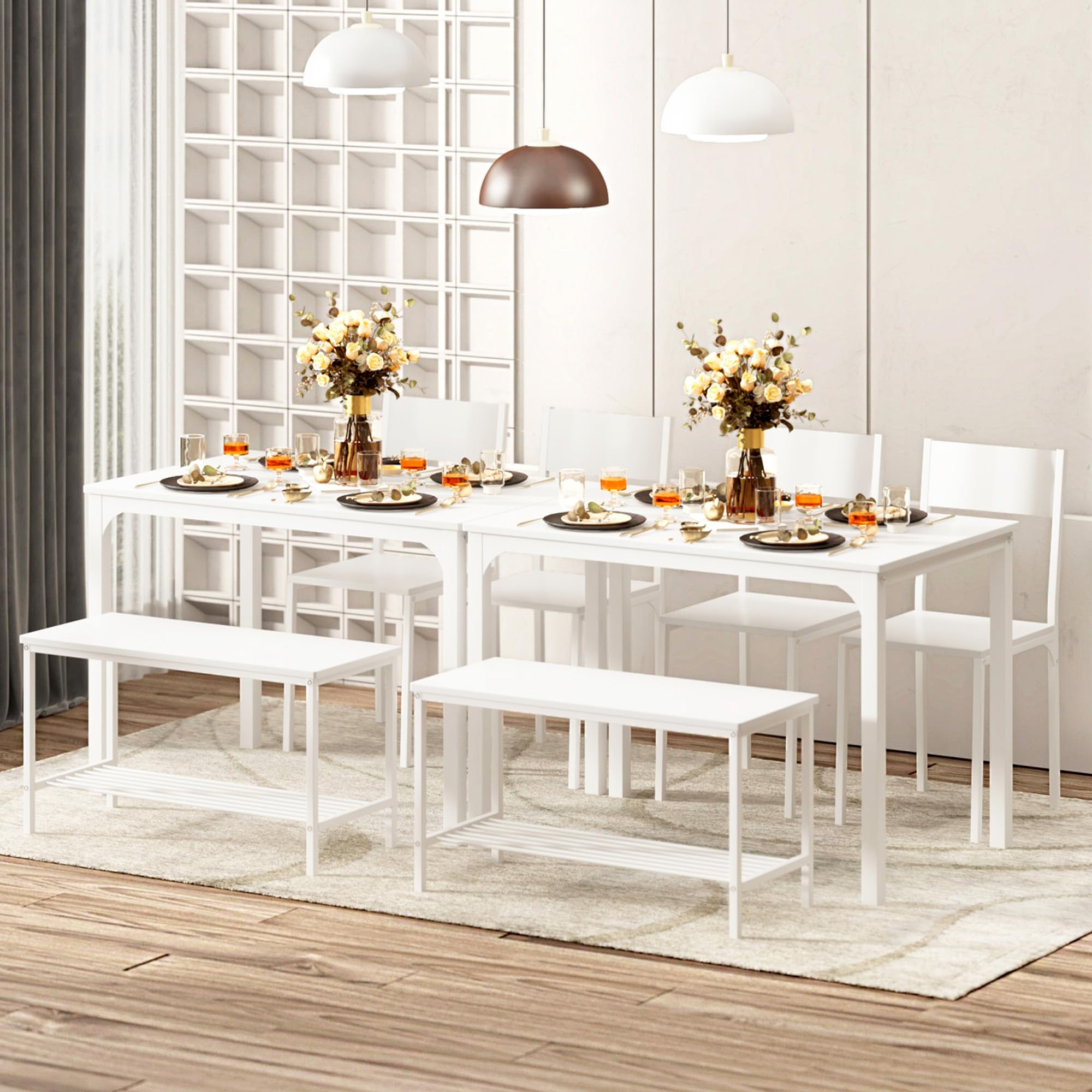 sogesfurniture 4-Piece Bench Style Dining Table Set, 4-Person Space-Saving Dinette for Kitchen，43'' Wood Kitchen Table & Chair Set for Breakfast Nook and Small Space, White