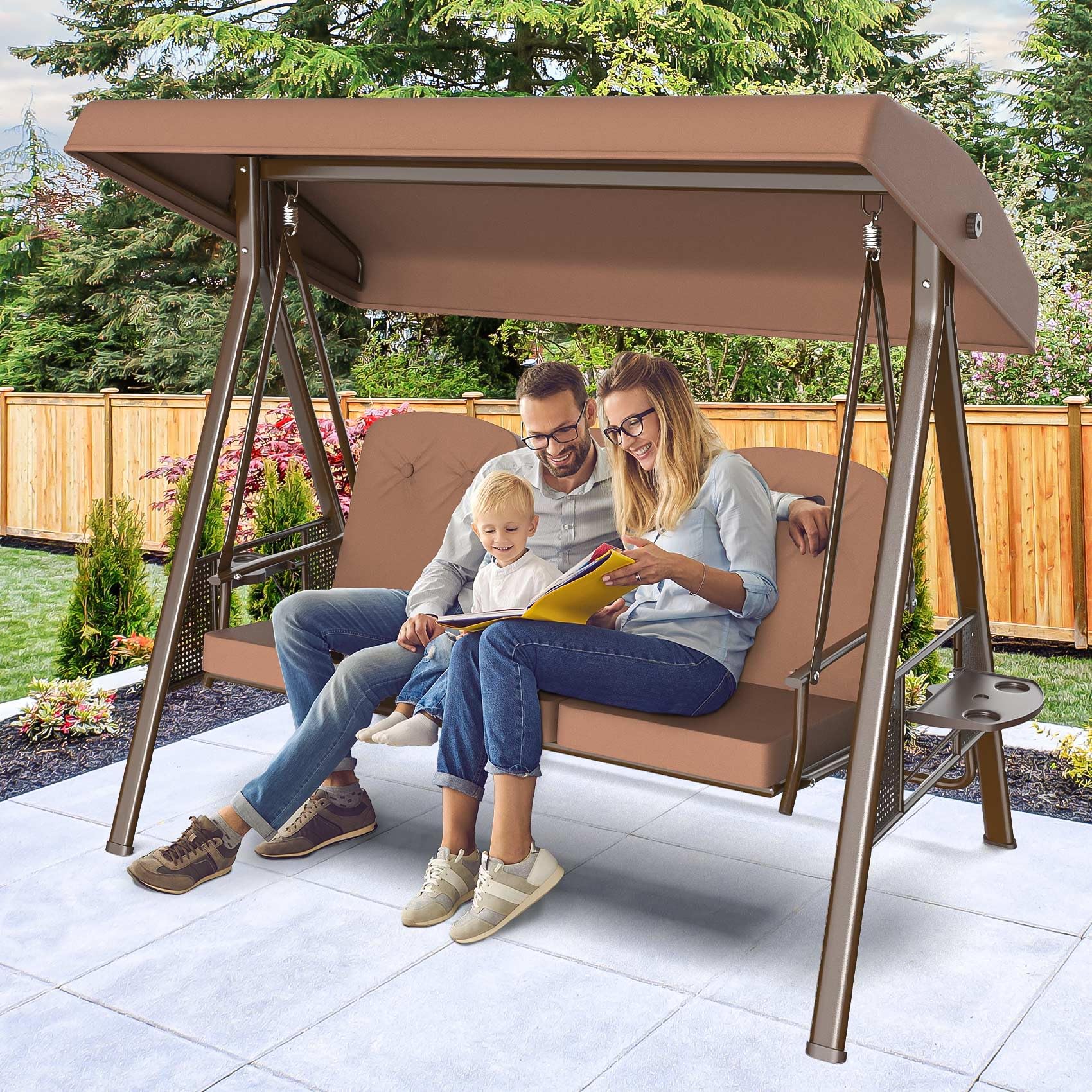 ZENPETIO 3-Seat Outdoor Patio Swing Chair, Adjustable Canopy Porch Swings, Deluxe Outdoor Swing with Weather Resistant Steel Frame, Thickened Cushions, Pillows & Cup Holders for Backyard, Porch