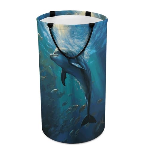 Laundry Basket Hamper Waterproof Dirty Clothes Hamper Dolphin in The Deep Ocean Collapsible Washing Bin Clothes Bag with Handles Freestanding Laundry Hamper for Bathroom Bedroom Dorm Travel