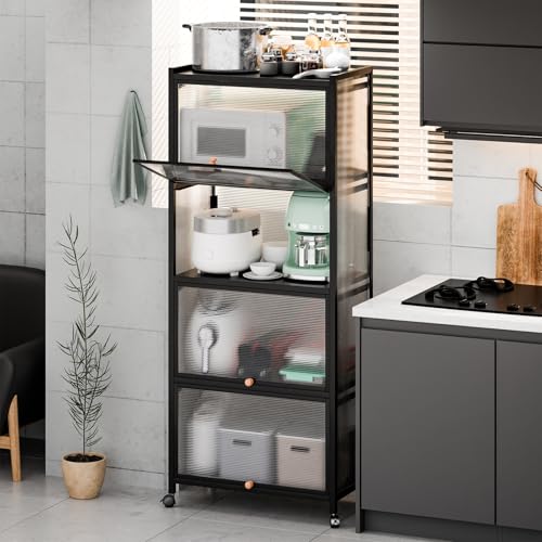 Worparsen Kitchen Storage Cabinets,5 Tiers Pantry Storage Cabinet, Kitchen Bakers Rack with Visible Doors, Microwave Storage Rack, Large Kitchen Cabinet for Dishes, Pots and Pans Black