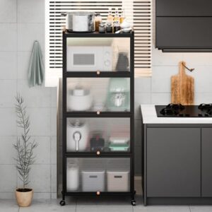 Worparsen Kitchen Storage Cabinets,5 Tiers Pantry Storage Cabinet, Kitchen Bakers Rack with Visible Doors, Microwave Storage Rack, Large Kitchen Cabinet for Dishes, Pots and Pans Black