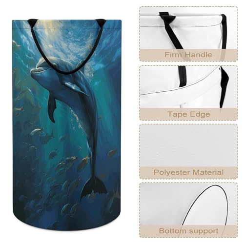 Laundry Basket Hamper Waterproof Dirty Clothes Hamper Dolphin in The Deep Ocean Collapsible Washing Bin Clothes Bag with Handles Freestanding Laundry Hamper for Bathroom Bedroom Dorm Travel