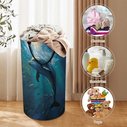 Laundry Basket Hamper Waterproof Dirty Clothes Hamper Dolphin in The Deep Ocean Collapsible Washing Bin Clothes Bag with Handles Freestanding Laundry Hamper for Bathroom Bedroom Dorm Travel