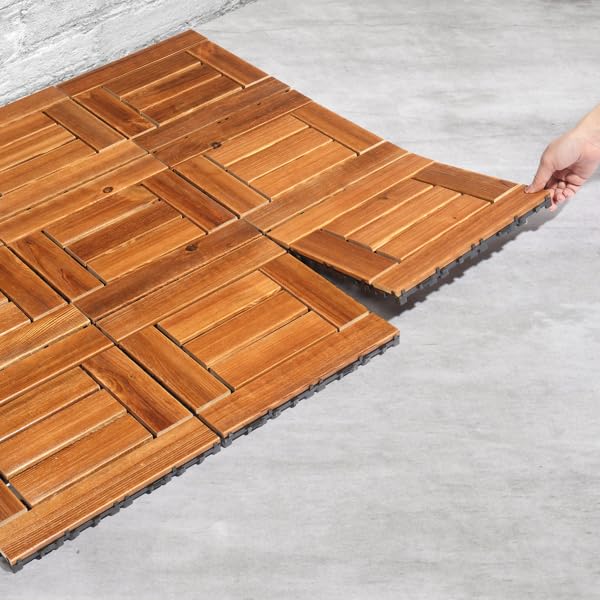 Natural Oak Wood Interlocking Deck Tiles 27pcs Outdoor Spliced ​​Solid Wood Flooring,Waterproof Flooring Tiles for Patio Porch Poolside Balcony Backyard (Model 1)