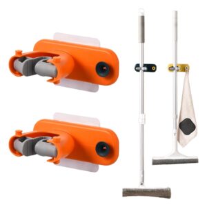 2 pcs hole-free mop hook, 2025 new wall-mounted mop organizer holder brush broom hanger storage rack, utility racks with hooks hanger for bathroom kitchen office hanging brooms and mops (orange)