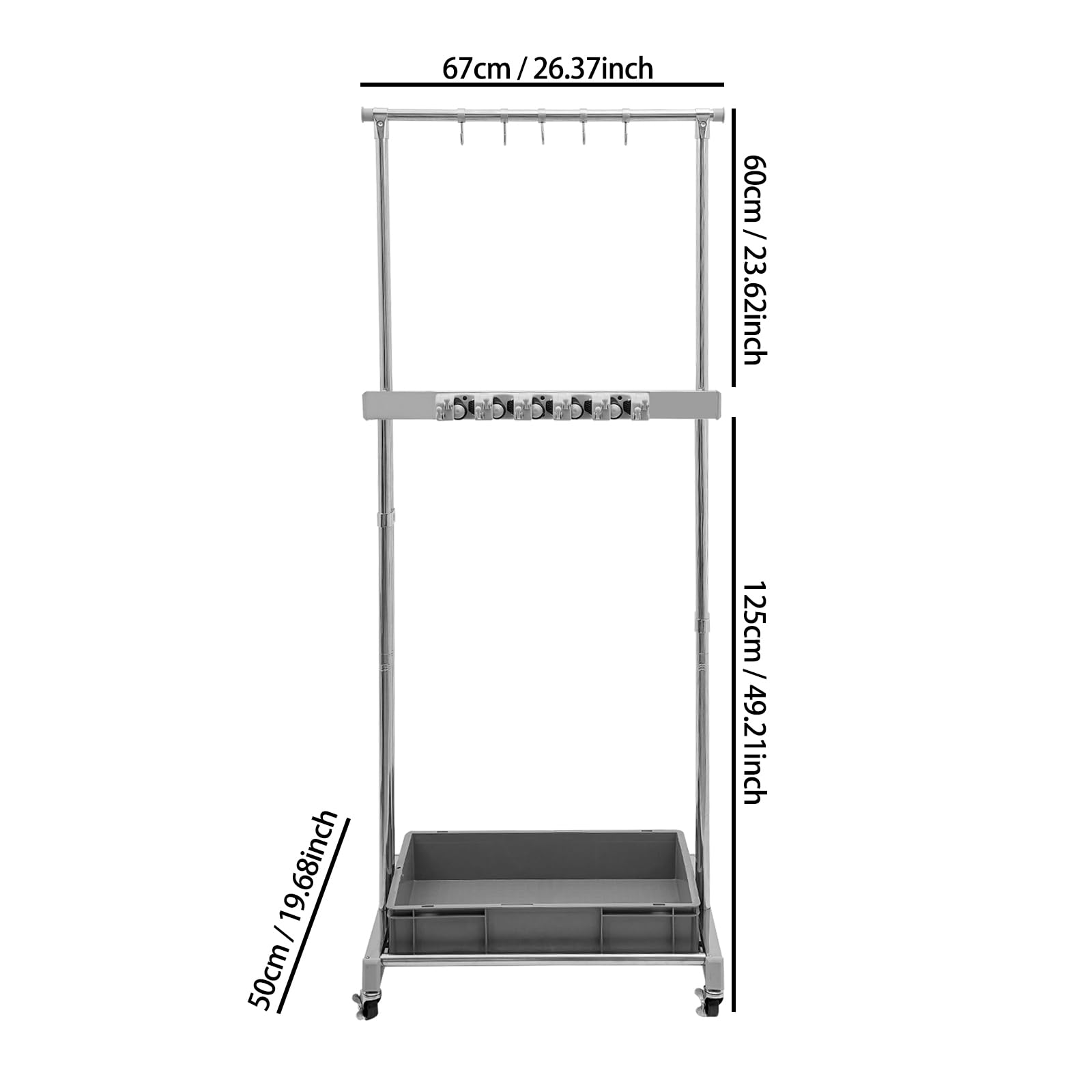 CheriMuMu Broom mop Holder, Mobile Cleaning Tools Storage Cart, Cleaning Supplies Organizer Janitor Carts, Stainless Steel Floor-Standing Mop Rack with Wheels for Garden Garage Schools (5 Slots)