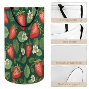 Laundry Basket Hamper Waterproof Dirty Clothes Hamper Fresh Strawberries And Leaves Collapsible Washing Bin Clothes Bag with Handles Freestanding Laundry Hamper for Bathroom Bedroom Dorm Travel