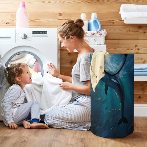 Laundry Basket Hamper Waterproof Dirty Clothes Hamper Dolphin in The Deep Ocean Collapsible Washing Bin Clothes Bag with Handles Freestanding Laundry Hamper for Bathroom Bedroom Dorm Travel