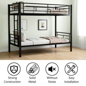 QSOSTNS Twin Over Twin Metal Bunk Bed for Juniors, Industrial Twin Bunk Beds Frame with Ladder & Full-Length Guardrail, Space-Saving, Easy Climbing & Assemble (Black)