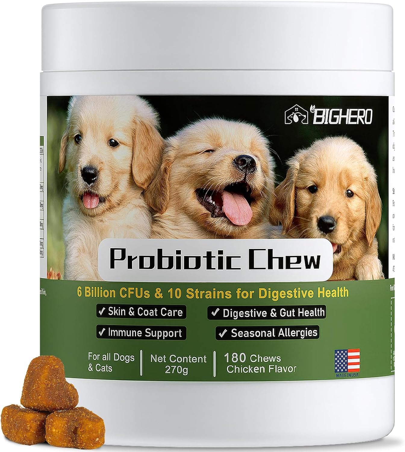 BIGHERO Probiotics for Dogs - Dog Probiotics with Prebiotics and Digestive Enzymes, Support Gut Health, Digestive & Immune Health, Dog Supplement for Diarrhea & Seasonal Allergies-180 Chicken Flavor