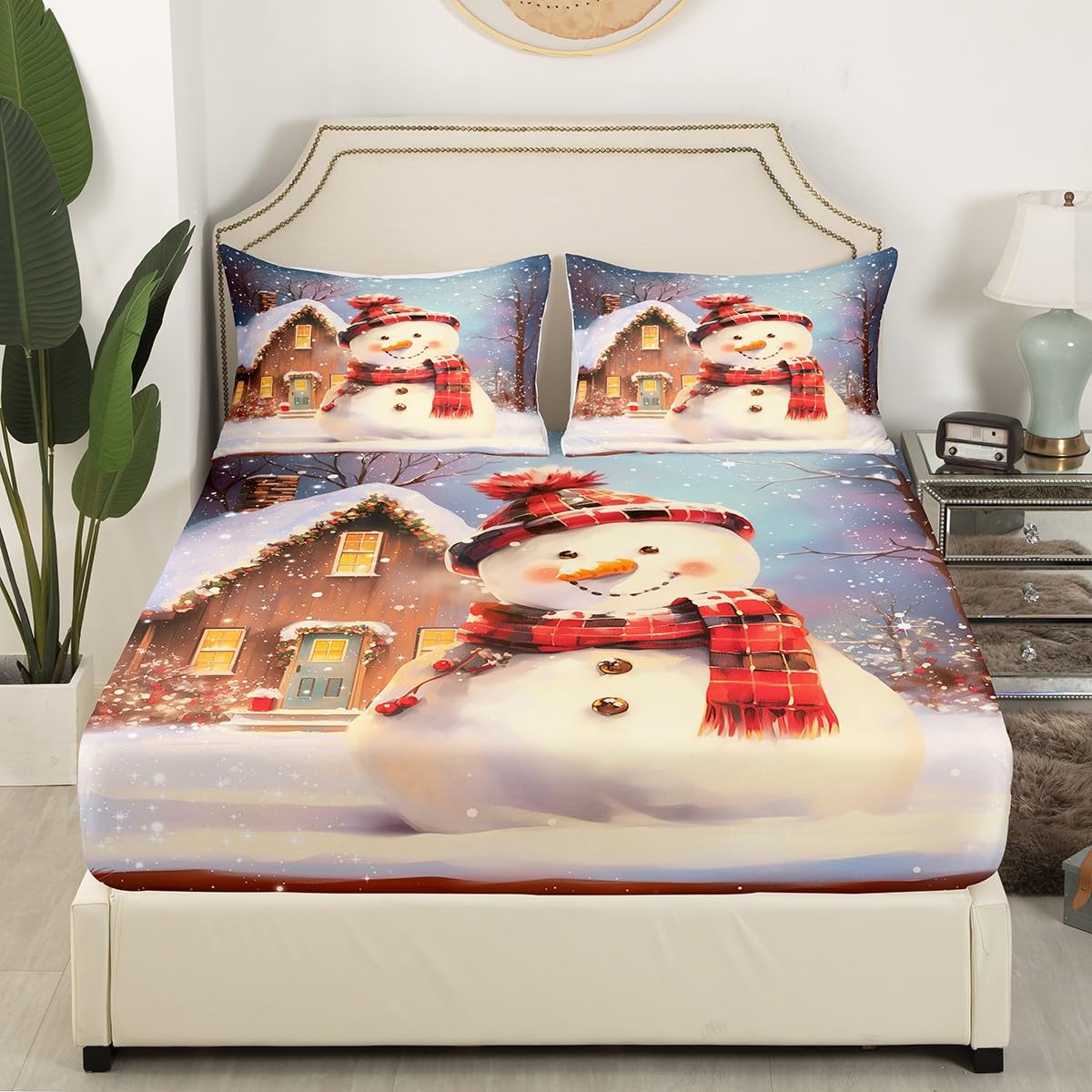 Feelyou Kids Snowman Fitted Sheet Twin Size Merry Christmas Bedding Set for Boys Girls Snowflake Winter Theme Bed Sheet Set Happy New Year Bed Cover Deep Pocket