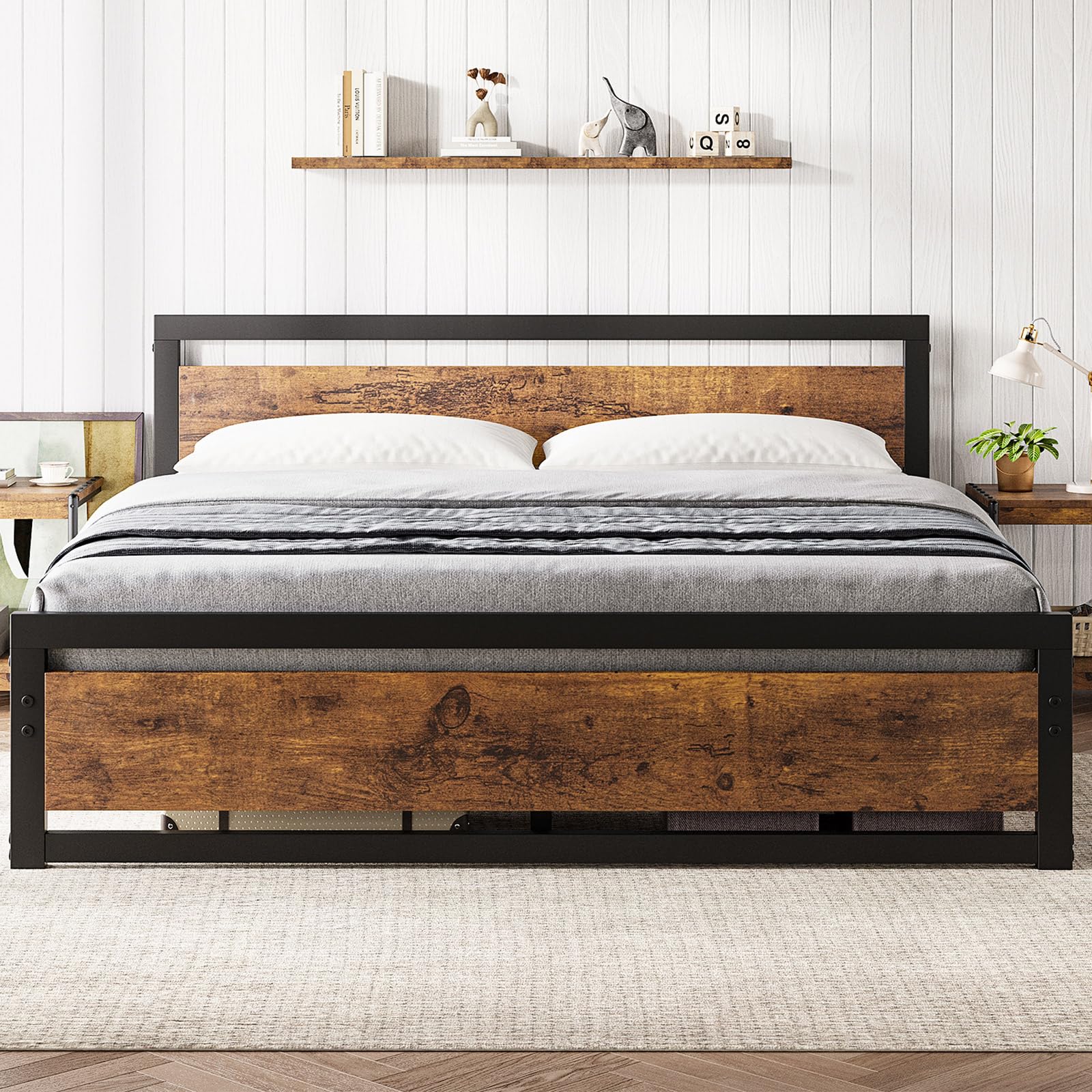 GarveeHome King Size Bed Frame, Industrial King Bed Platform with Headboard No Box Spring Needed, 14 Inch Easy Assemble King Mattress Bedframe, Retro Brown