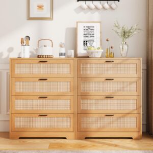 GarveeHome 4 Drawer Dresser Rattan Dresser, Tall Chest of Drawers, Wood Dresser for Bedroom, Closet, Living Room, Hallway