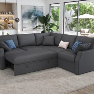 VanAcc Sofa Bed, 85 Inch Sleeper Couch with Storage Seat, L Shaped Sofa with Pull Out Sofa Bed, Sectional Couches for Living Room Apartment, Grey Linen Couch Sofa