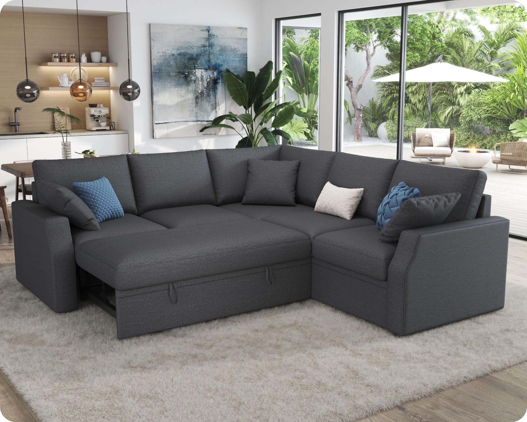 VanAcc Sofa Bed, 85 Inch Sleeper Couch with Storage Seat, L Shaped Sofa with Pull Out Sofa Bed, Sectional Couches for Living Room Apartment, Grey Linen Couch Sofa