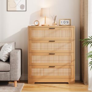 GarveeHome 4 Drawer Dresser Rattan Dresser, Tall Chest of Drawers, Wood Dresser for Bedroom, Closet, Living Room, Hallway