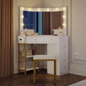 dwvo makeup vanity desk w/hollywood bulbs mirror & power outlet, upgraded 43" l shaped white vanity set 3 color lighting mode adjustable brightness＆ 6 drawers, shelves, corner vanity table w/bench