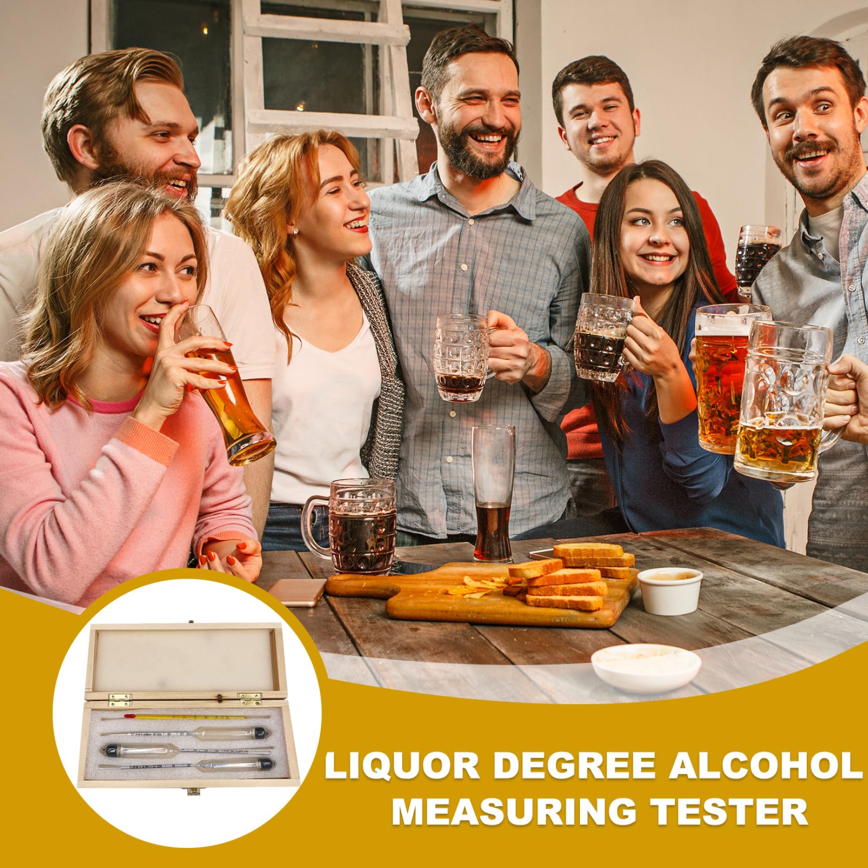 XJKLBYQ Hydrometer Alcohol Meter Kit,3Pcs Hydrometer & Glass Test Jar Set,0-100 Proof Alcohol Tester Accurate Graduated Alcohol Meter with Thermometer & Wooden Box for Wine, Beer, Cider