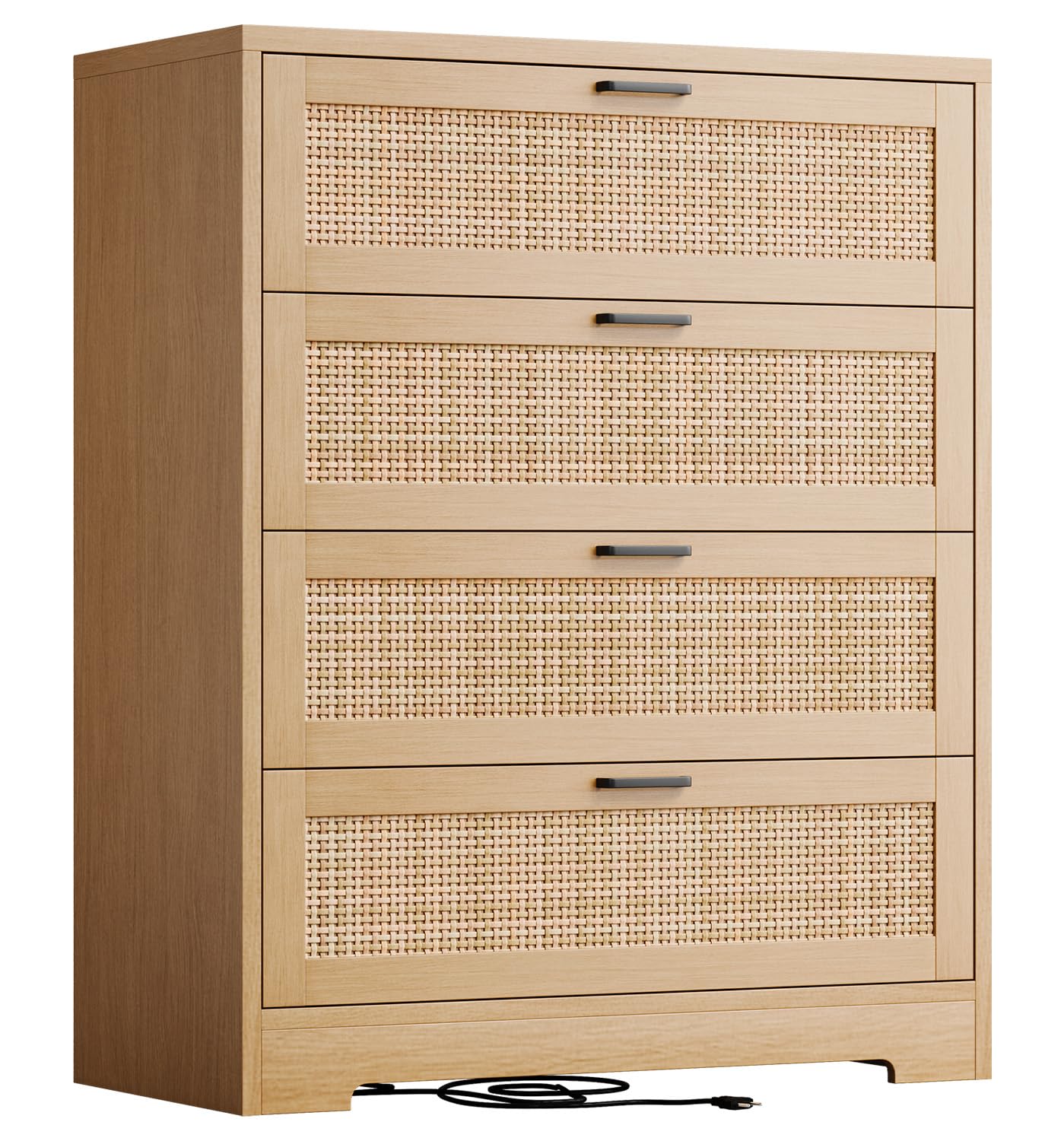 GarveeHome 4 Drawer Dresser Rattan Dresser, Tall Chest of Drawers, Wood Dresser for Bedroom, Closet, Living Room, Hallway