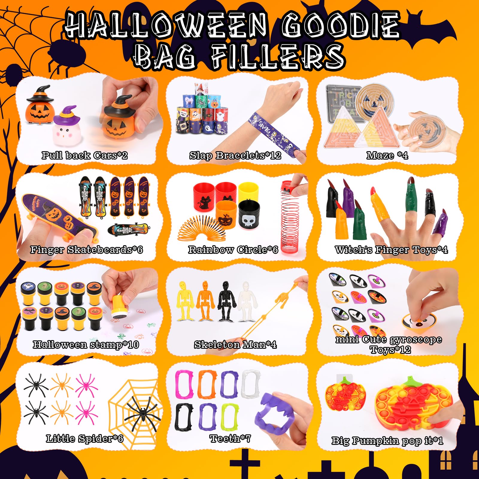 200Pcs Premium Halloween Party Favors for Kids Bulk, Halloween Trick or Treat Toys, Halloween Goodie Bag Stuffers, Halloween Treats Non Candy