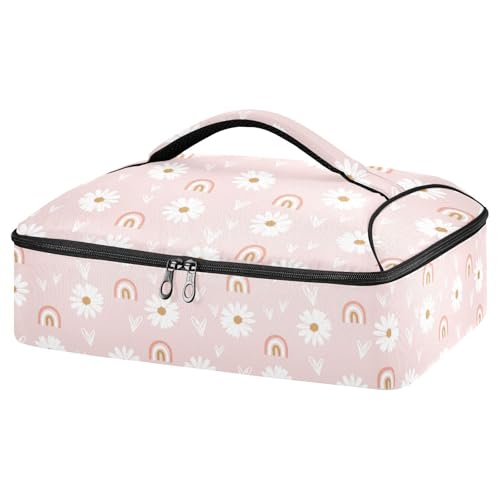 Kcldeci Insulated Thermal Food Carrier Insulated Casserole Carrier for Hot or Cold Food,Daisy Flower Hearts and Rainbows on Pink Insulated Tote Bag for Potluck Cookouts Parties Picnic,Lasagna Lugger