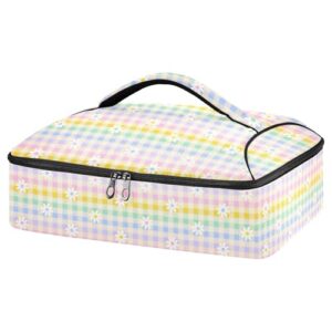 kcldeci insulated thermal food carrier insulated casserole carrier for hot or cold food,white daisy flower rainbow insulated tote bag for potluck cookouts parties picnic,lasagna lugger