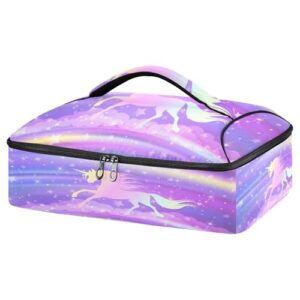 kcldeci insulated thermal food carrier insulated casserole carrier for hot or cold food,rainbow purple stars and unicorn insulated tote bag for potluck cookouts parties picnic,lasagna lugger