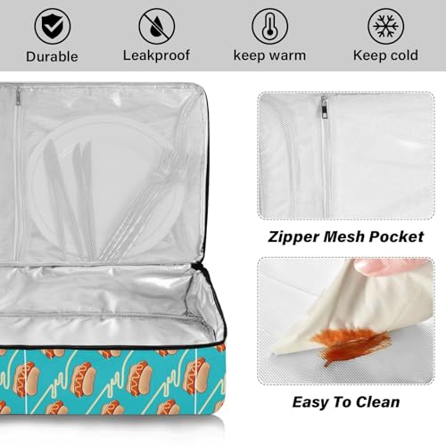 Kcldeci Insulated Thermal Food Carrier Insulated Casserole Carrier for Hot or Cold Food,Pattern Of Hotdogs Insulated Tote Bag for Potluck Cookouts Parties Picnic,Lasagna Lugger