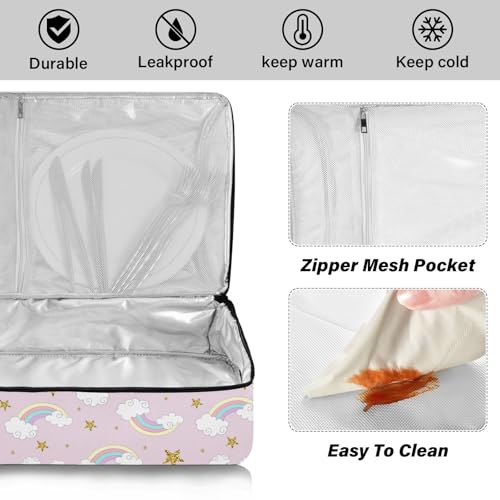 Kcldeci Insulated Thermal Food Carrier Insulated Casserole Carrier for Hot or Cold Food,Cute Cartoon Rainbow Golden Sparkle Stars Insulated Tote Bag for Potluck Cookouts Parties Picnic,Lasagna Lugger