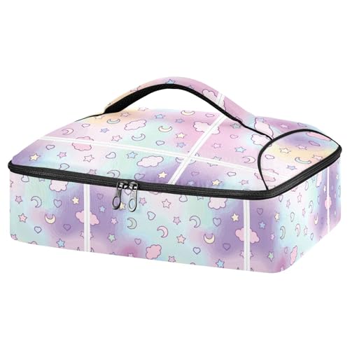 Kcldeci Insulated Thermal Food Carrier Insulated Casserole Carrier for Hot or Cold Food,Clouds Moon Stars Unicorn Rainbow Insulated Tote Bag for Potluck Cookouts Parties Picnic,Lasagna Lugger