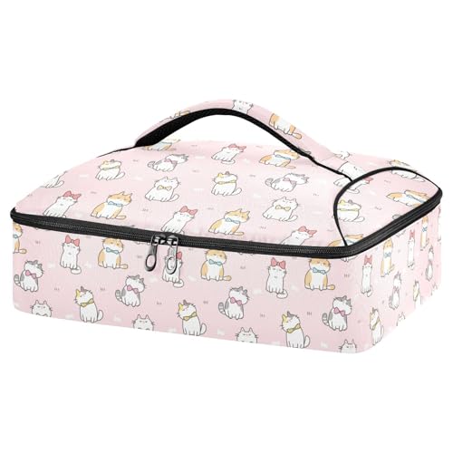 Kcldeci Insulated Thermal Food Carrier Insulated Casserole Carrier for Hot or Cold Food,Cartoon Cat Pink Insulated Tote Bag for Potluck Cookouts Parties Picnic,Lasagna Lugger