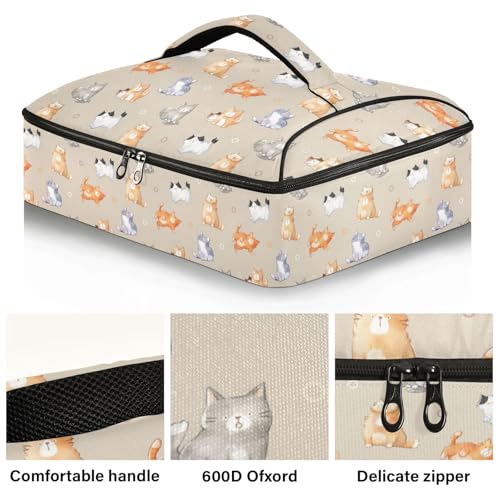 Kcldeci Insulated Thermal Food Carrier Insulated Casserole Carrier for Hot or Cold Food,Cute Cat Light Brown Insulated Tote Bag for Potluck Cookouts Parties Picnic,Lasagna Lugger