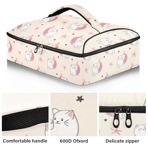 Kcldeci Insulated Thermal Food Carrier Insulated Casserole Carrier for Hot or Cold Food,Cartoon Cat Mermaid Insulated Tote Bag for Potluck Cookouts Parties Picnic,Lasagna Lugger