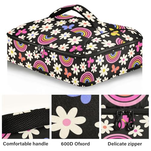 Kcldeci Insulated Thermal Food Carrier Insulated Casserole Carrier for Hot or Cold Food,Daisy Flower Rainbow and Butterfly Insulated Tote Bag for Potluck Cookouts Parties Picnic,Lasagna Lugger