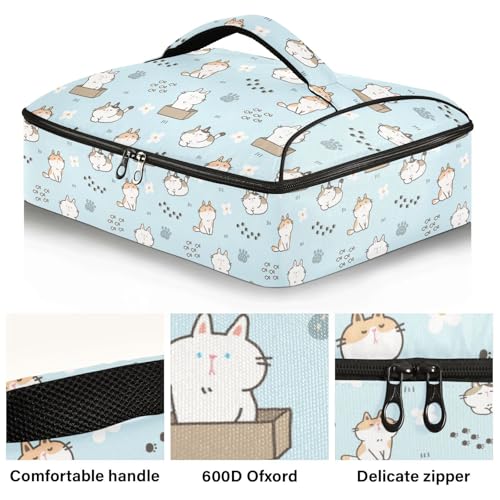 Kcldeci Insulated Thermal Food Carrier Insulated Casserole Carrier for Hot or Cold Food,Cute Cartoon Cat on Light Blue Insulated Tote Bag for Potluck Cookouts Parties Picnic,Lasagna Lugger