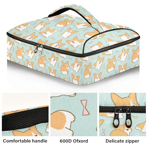 Kcldeci Insulated Thermal Food Carrier Insulated Casserole Carrier for Hot or Cold Food,Cute Corgi Dog Insulated Tote Bag for Potluck Cookouts Parties Picnic,Lasagna Lugger