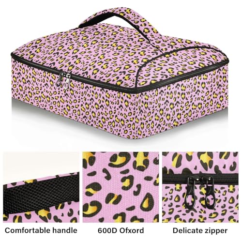 Kcldeci Insulated Thermal Food Carrier Insulated Casserole Carrier for Hot or Cold Food,Pink and Yellow Leopard Insulated Tote Bag for Potluck Cookouts Parties Picnic,Lasagna Lugger