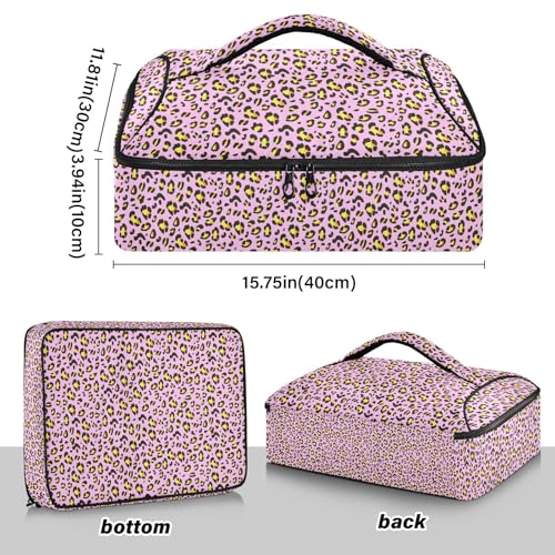 Kcldeci Insulated Thermal Food Carrier Insulated Casserole Carrier for Hot or Cold Food,Pink and Yellow Leopard Insulated Tote Bag for Potluck Cookouts Parties Picnic,Lasagna Lugger