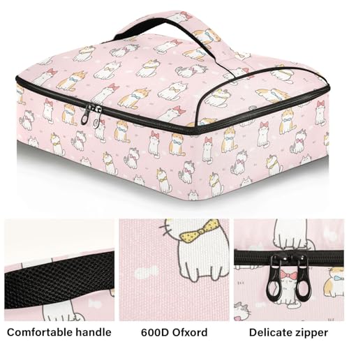 Kcldeci Insulated Thermal Food Carrier Insulated Casserole Carrier for Hot or Cold Food,Cartoon Cat Pink Insulated Tote Bag for Potluck Cookouts Parties Picnic,Lasagna Lugger