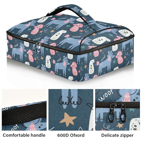 Kcldeci Insulated Thermal Food Carrier Insulated Casserole Carrier for Hot or Cold Food,Poodles on A Blue Insulated Tote Bag for Potluck Cookouts Parties Picnic,Lasagna Lugger