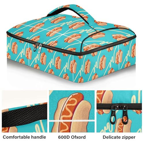 Kcldeci Insulated Thermal Food Carrier Insulated Casserole Carrier for Hot or Cold Food,Pattern Of Hotdogs Insulated Tote Bag for Potluck Cookouts Parties Picnic,Lasagna Lugger