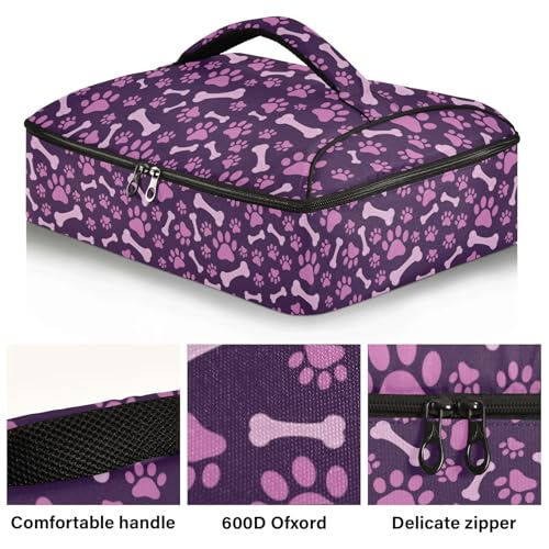 Kcldeci Insulated Thermal Food Carrier Insulated Casserole Carrier for Hot or Cold Food,Paws Footprints Bones Insulated Tote Bag for Potluck Cookouts Parties Picnic,Lasagna Lugger