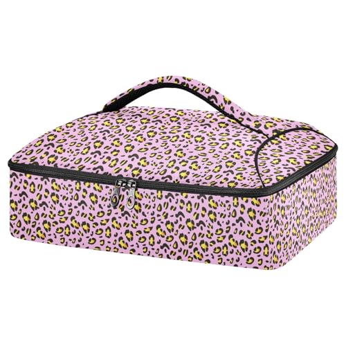 Kcldeci Insulated Thermal Food Carrier Insulated Casserole Carrier for Hot or Cold Food,Pink and Yellow Leopard Insulated Tote Bag for Potluck Cookouts Parties Picnic,Lasagna Lugger