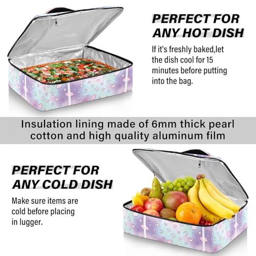 Kcldeci Insulated Thermal Food Carrier Insulated Casserole Carrier for Hot or Cold Food,Clouds Moon Stars Unicorn Rainbow Insulated Tote Bag for Potluck Cookouts Parties Picnic,Lasagna Lugger