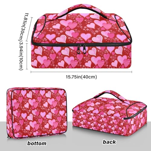 Kcldeci Insulated Thermal Food Carrier Insulated Casserole Carrier for Hot or Cold Food,Red Heart Valentin's Day Insulated Tote Bag for Potluck Cookouts Parties Picnic,Lasagna Lugger