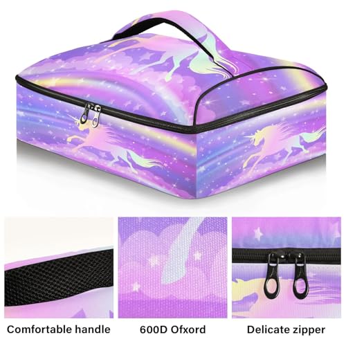 Kcldeci Insulated Thermal Food Carrier Insulated Casserole Carrier for Hot or Cold Food,Rainbow Purple Stars and Unicorn Insulated Tote Bag for Potluck Cookouts Parties Picnic,Lasagna Lugger