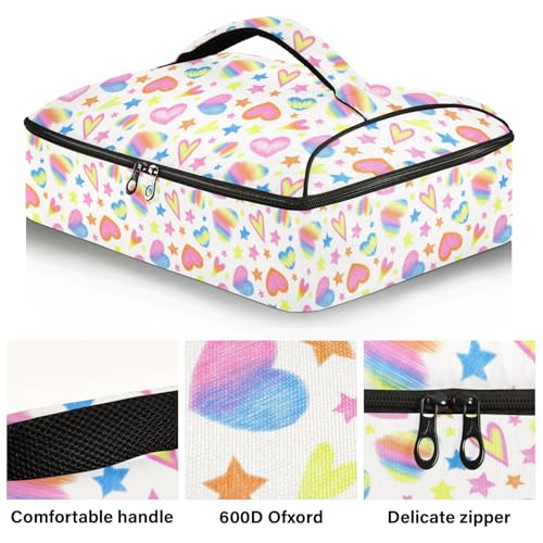 Kcldeci Insulated Thermal Food Carrier Insulated Casserole Carrier for Hot or Cold Food,Heart Star Rainbow Hearts Insulated Tote Bag for Potluck Cookouts Parties Picnic,Lasagna Lugger